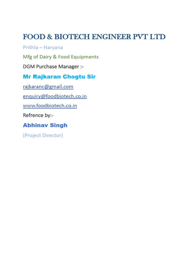 Food & Biotech Engineer Pvt Ltd Overview | PDF