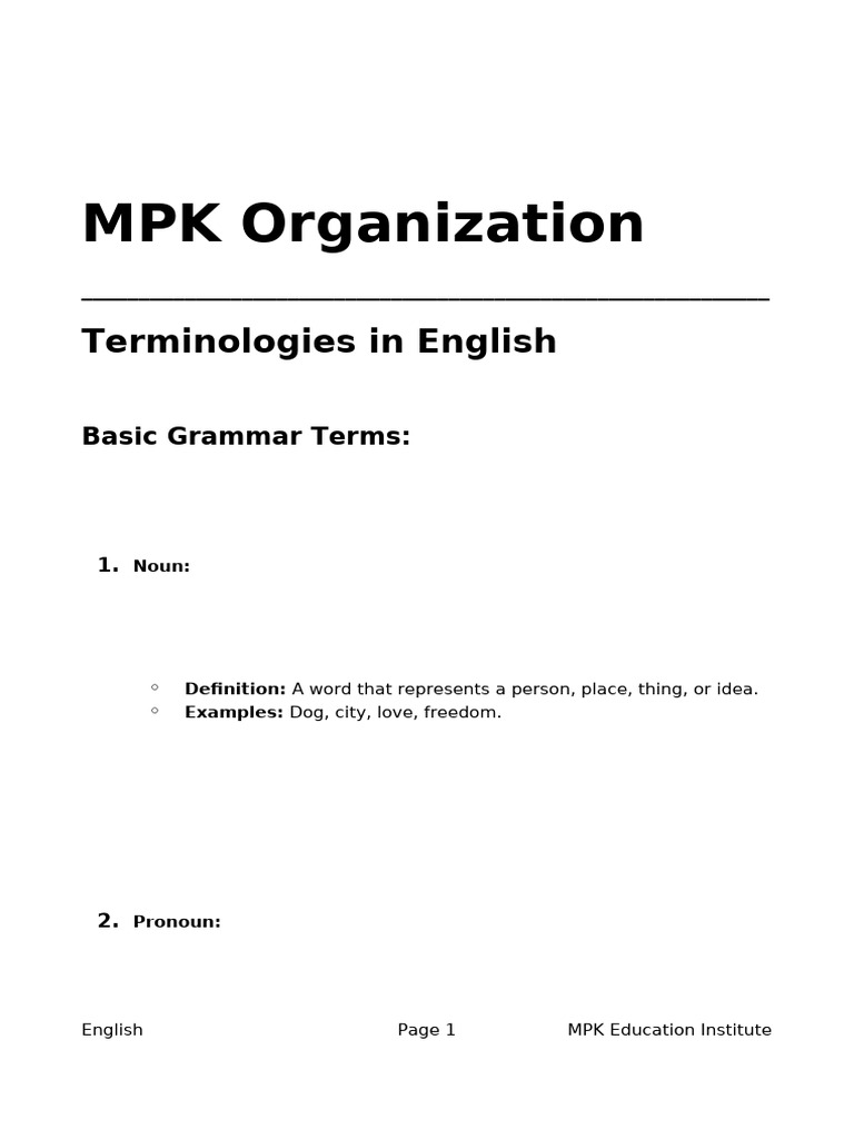 English Terminology and Examples | PDF | Noun | Sentence (Linguistics)