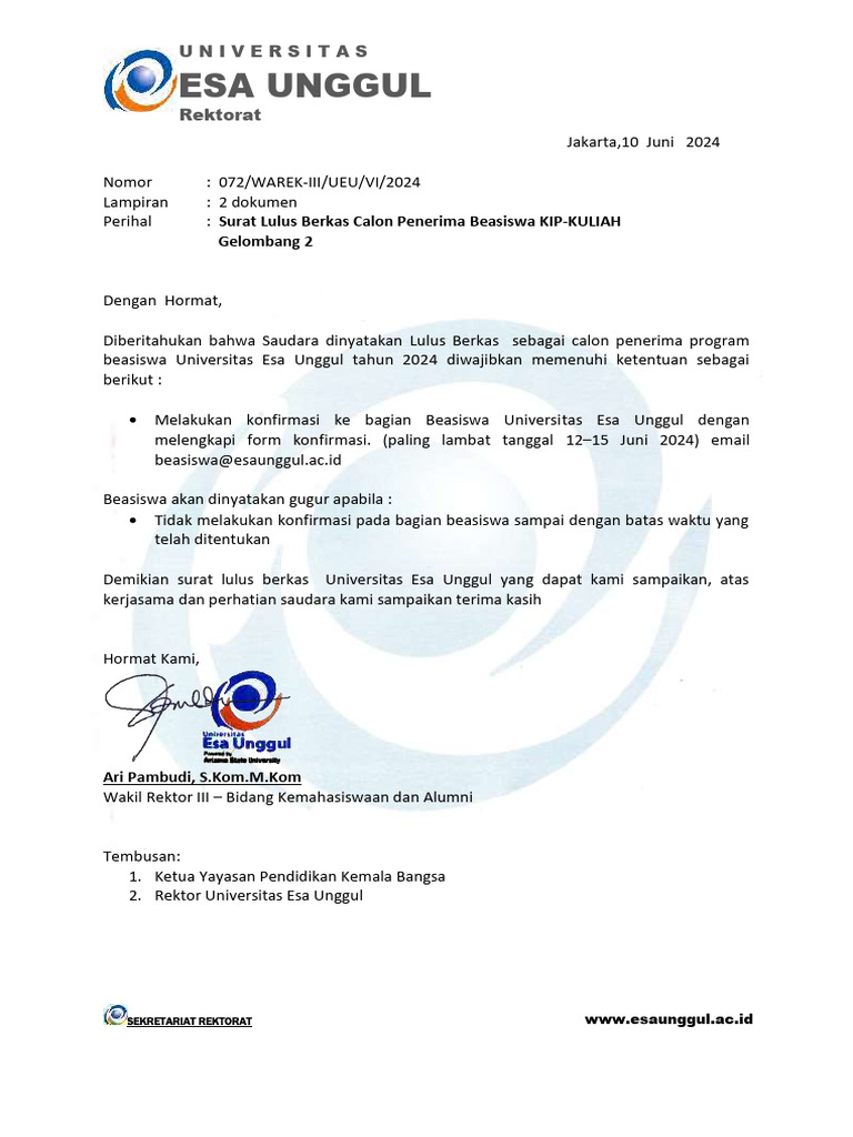 Lulus Seleksi Berkas Beasiswa KIP Kuliah Tahap 2 TA 2024 2025 | PDF