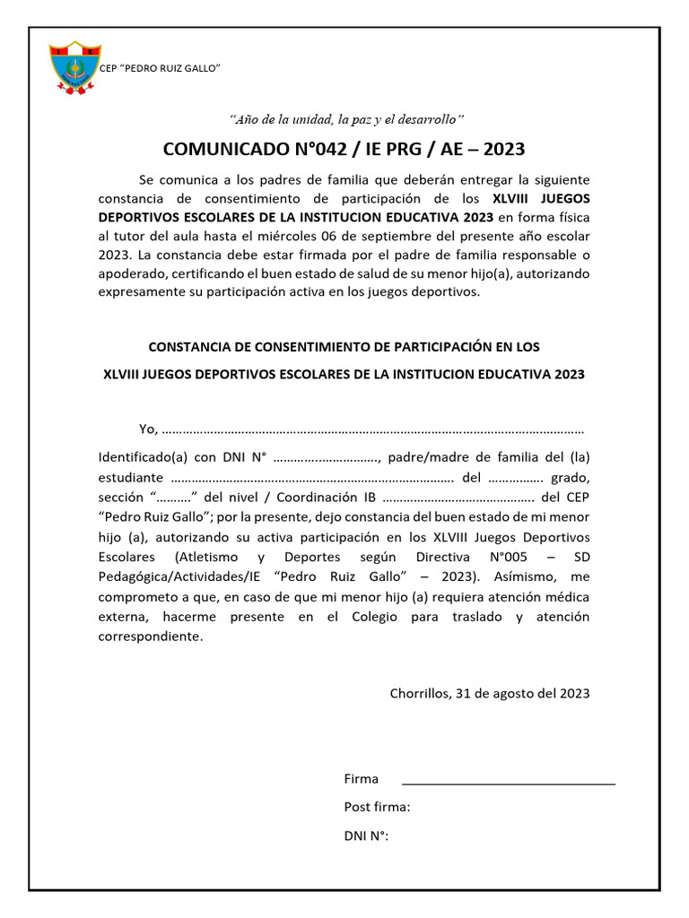 COMUNICADO N42 PERMISO PARA OLIMPIADAS RUICINAS | PDF