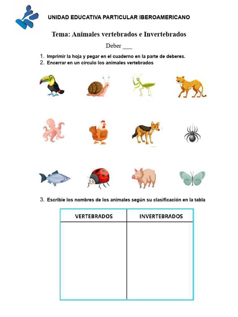 Deber 3 Animales Vertebrados e Invertebrados | PDF