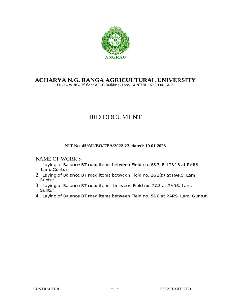 ANGRAU Tender for BT Road Laying | PDF | Specification (Technical ...
