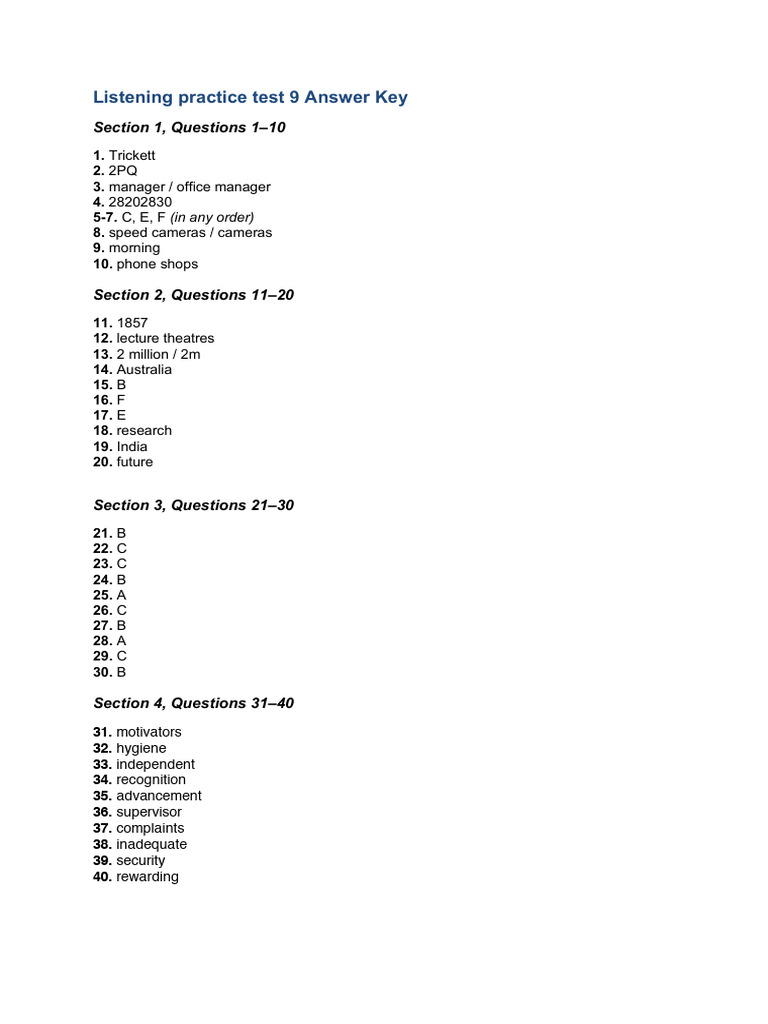 Listening Practice Test 9 Answers | PDF | Psychology
