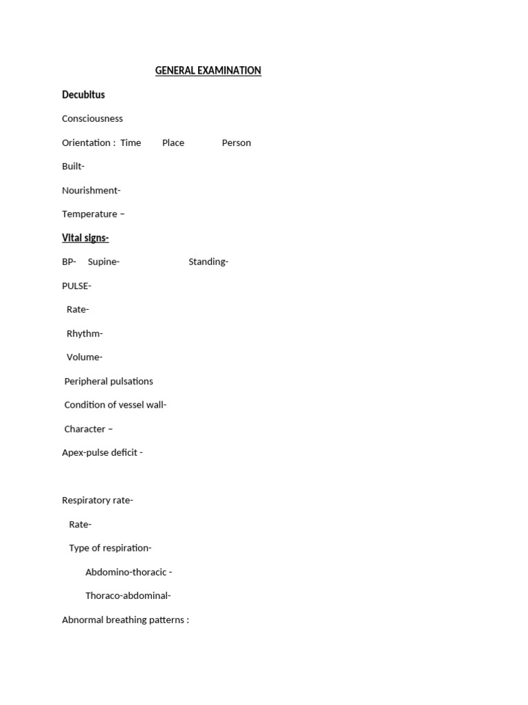 GENERAL EXAMINATION PROFORMA | PDF | Breathing | Anatomical Terms Of ...