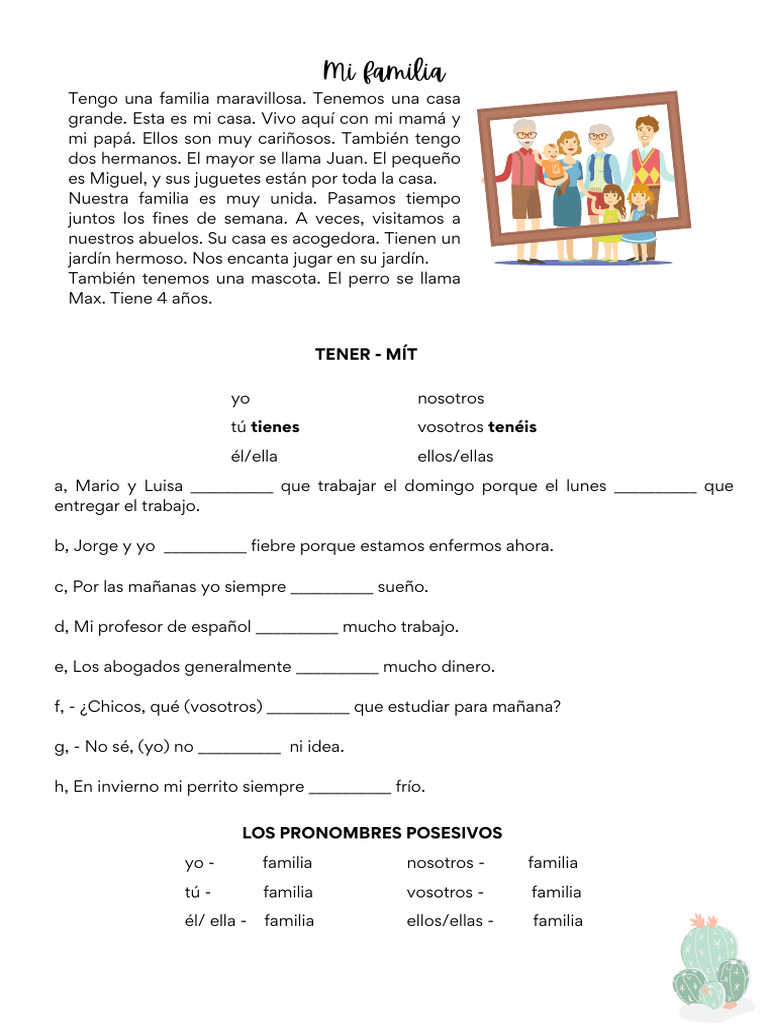 LOS POSESIVOS - texto + el verbo TENER | PDF