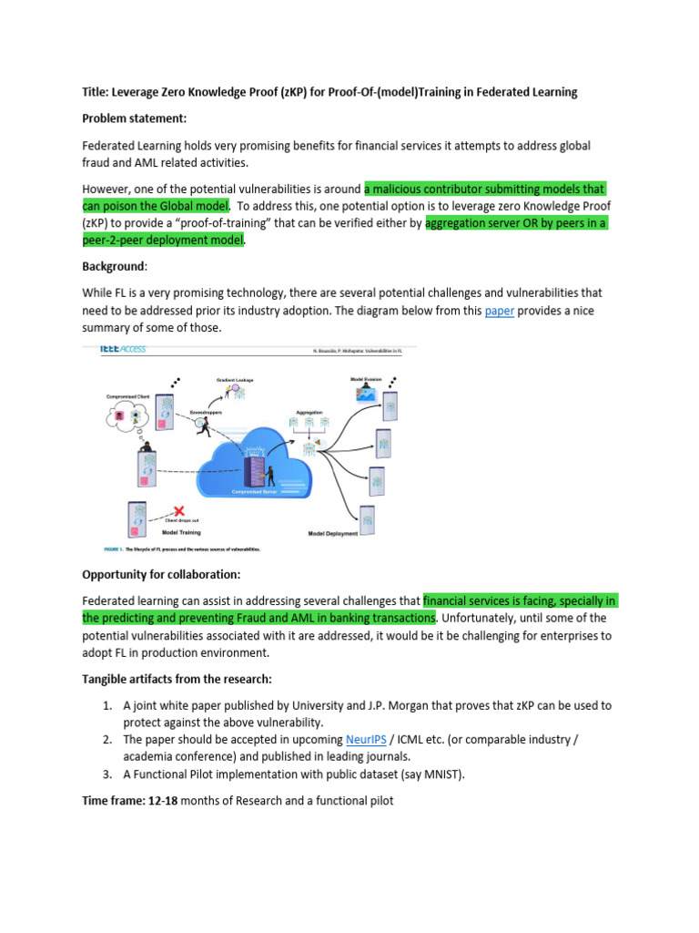 Univ Collaboration - Research Zero Knowledge Proof For Proof Training in Federated Learning | PDF