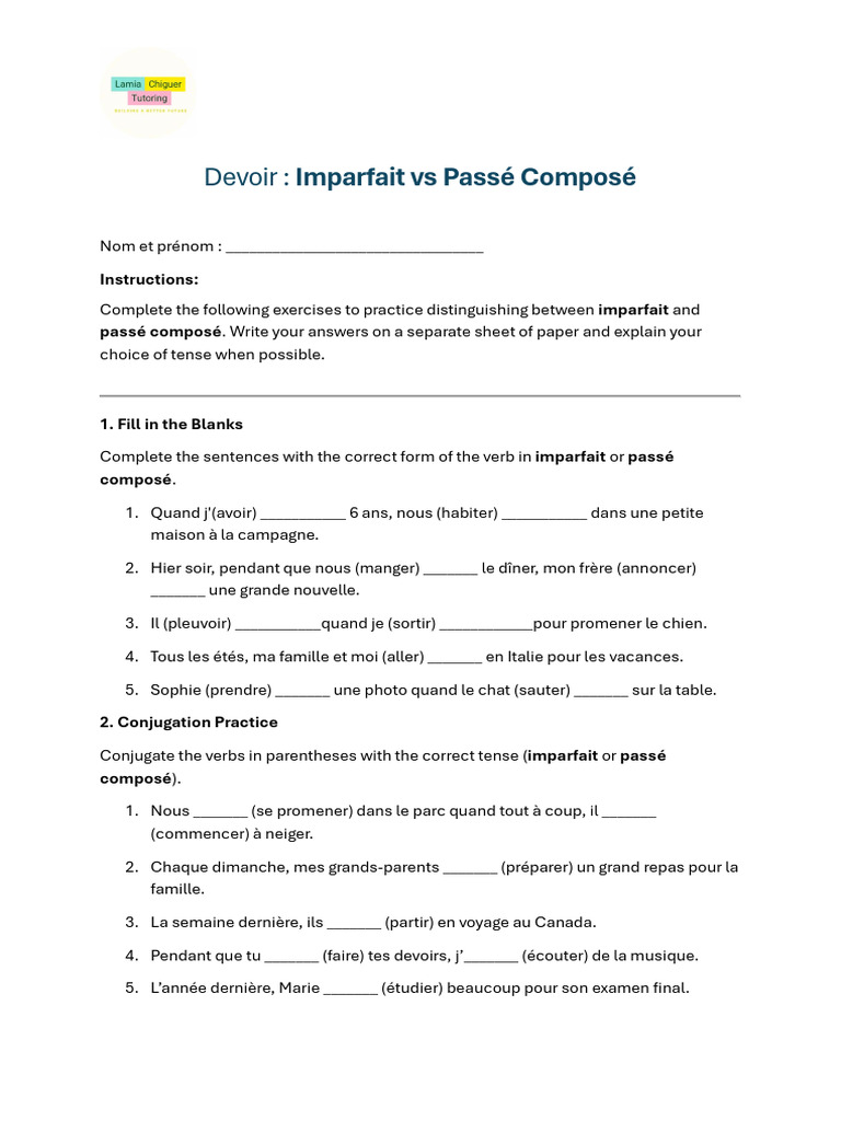 Devoir Imparfait VS Passe Compose | PDF | Grammaire