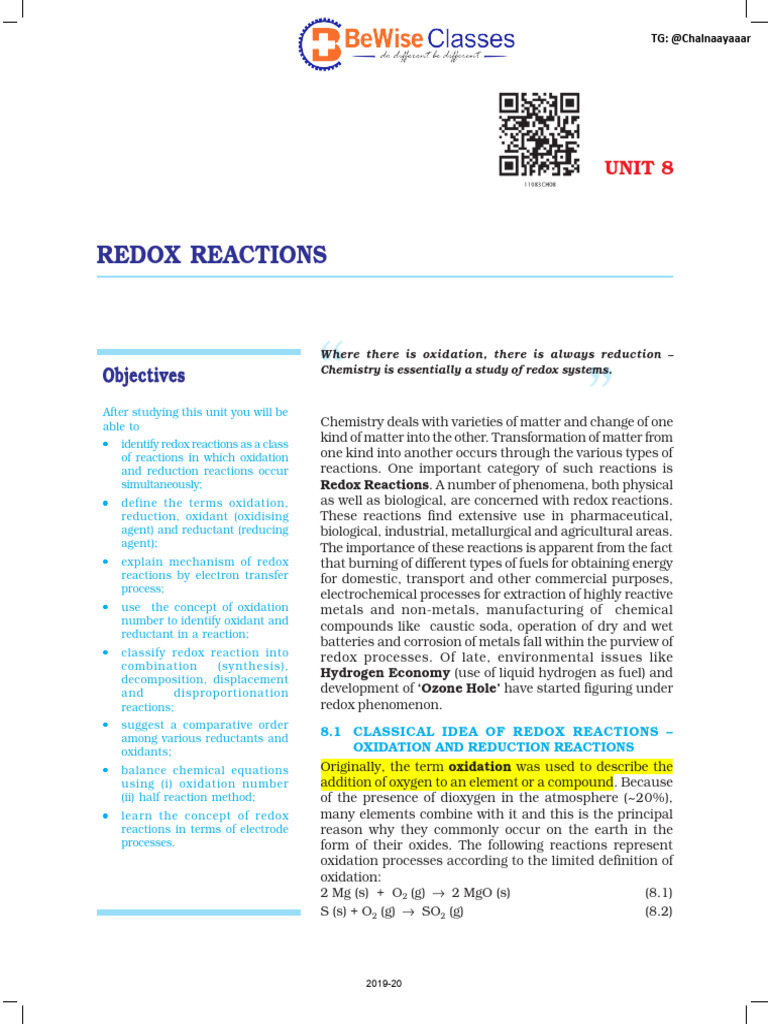 Redox Reactions - Ncert | PDF | Redox | Chemical Reactions