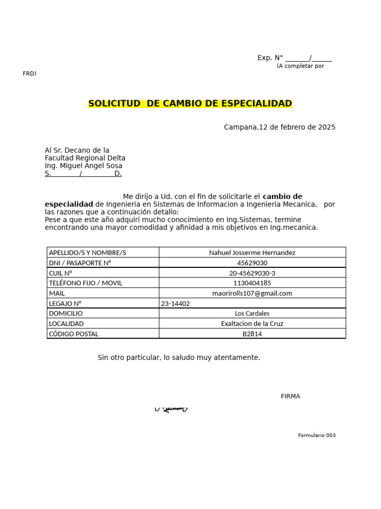 Formulario CAMBIO DE ESPECIALIDAD DELTA | PDF