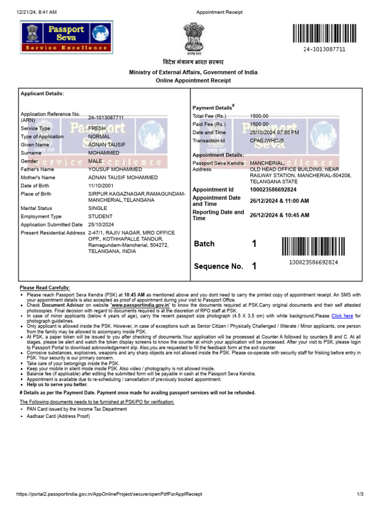 Passport Appointment Receipt for India | PDF | Identity Document ...