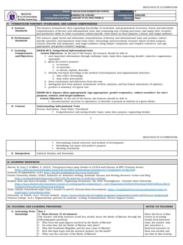K-10 English Weekly Lesson Plan | PDF | Reading Comprehension | Curriculum