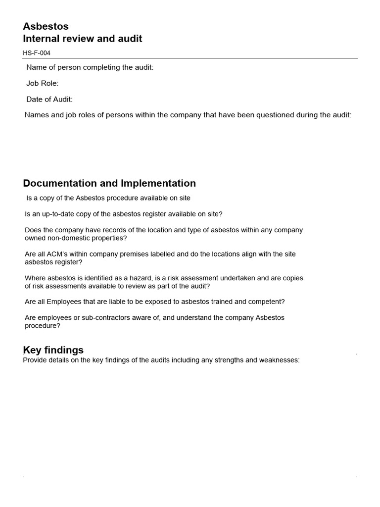 AUDIT HS-F-004 Asbestos Internal Review and Audit | PDF