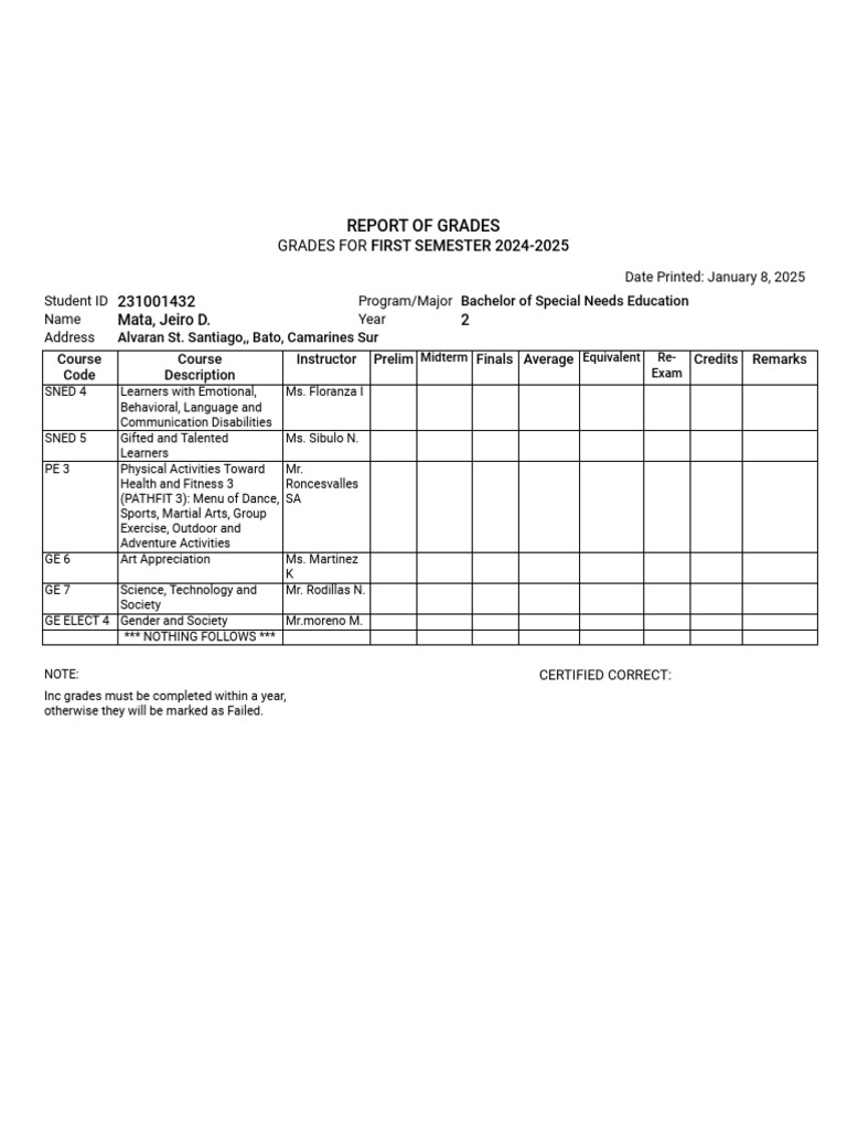 Report of Grades: FIRST SEMESTER 2024-2025 | PDF