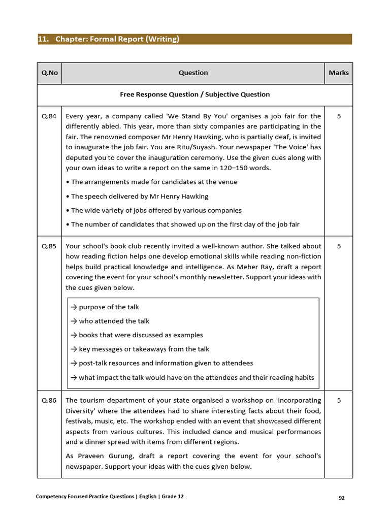Cbse Class 12 Report Writing Practice Questions | PDF | University ...