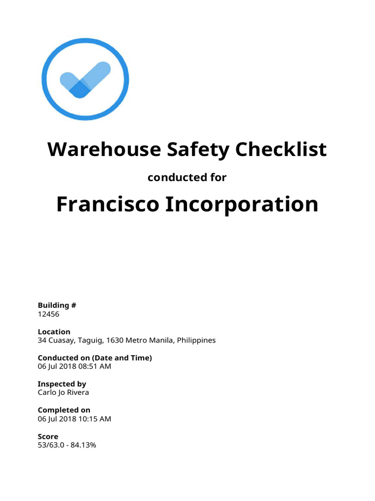 Warehouse Safety Checklist Report | PDF | Forklift | Pallet