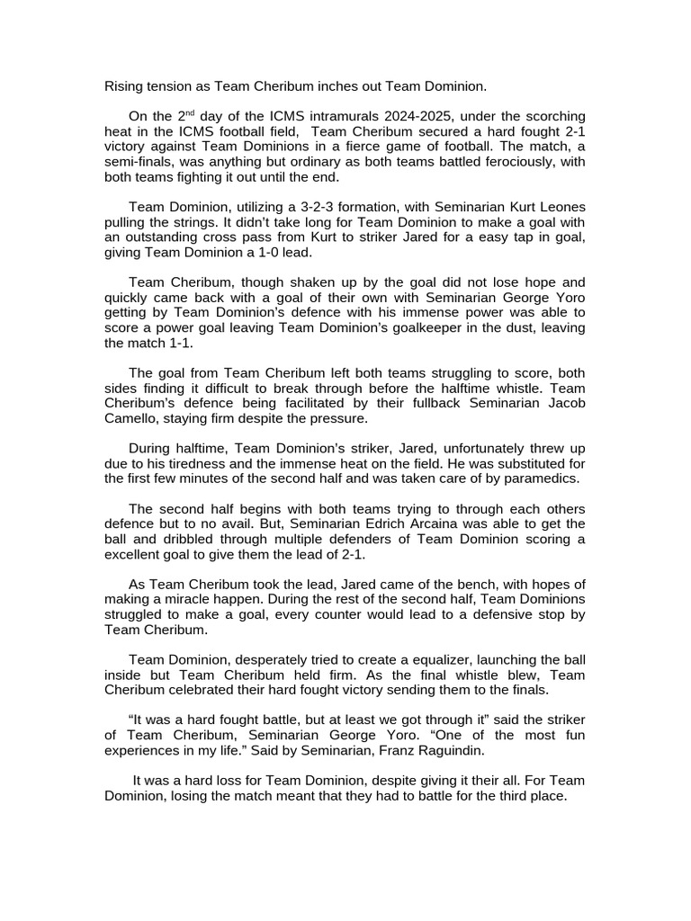 Sports Writing Soccer Team Cheribum Vs Dominion (Jared) | PDF