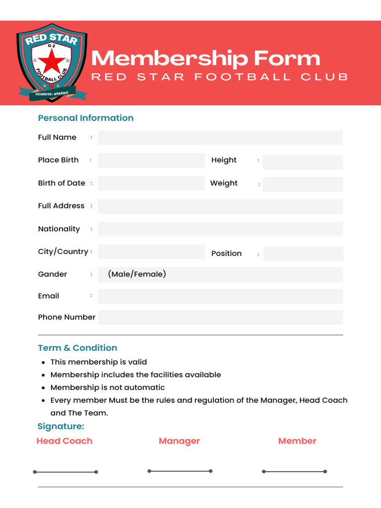Red Minimalist Membership Form A4 | PDF