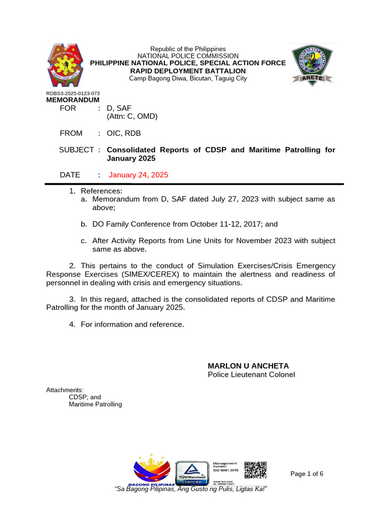 CONSOLIDATION of CDSP and Maritime Patrolling February 2025 | PDF | Law Enforcement | Crime ...