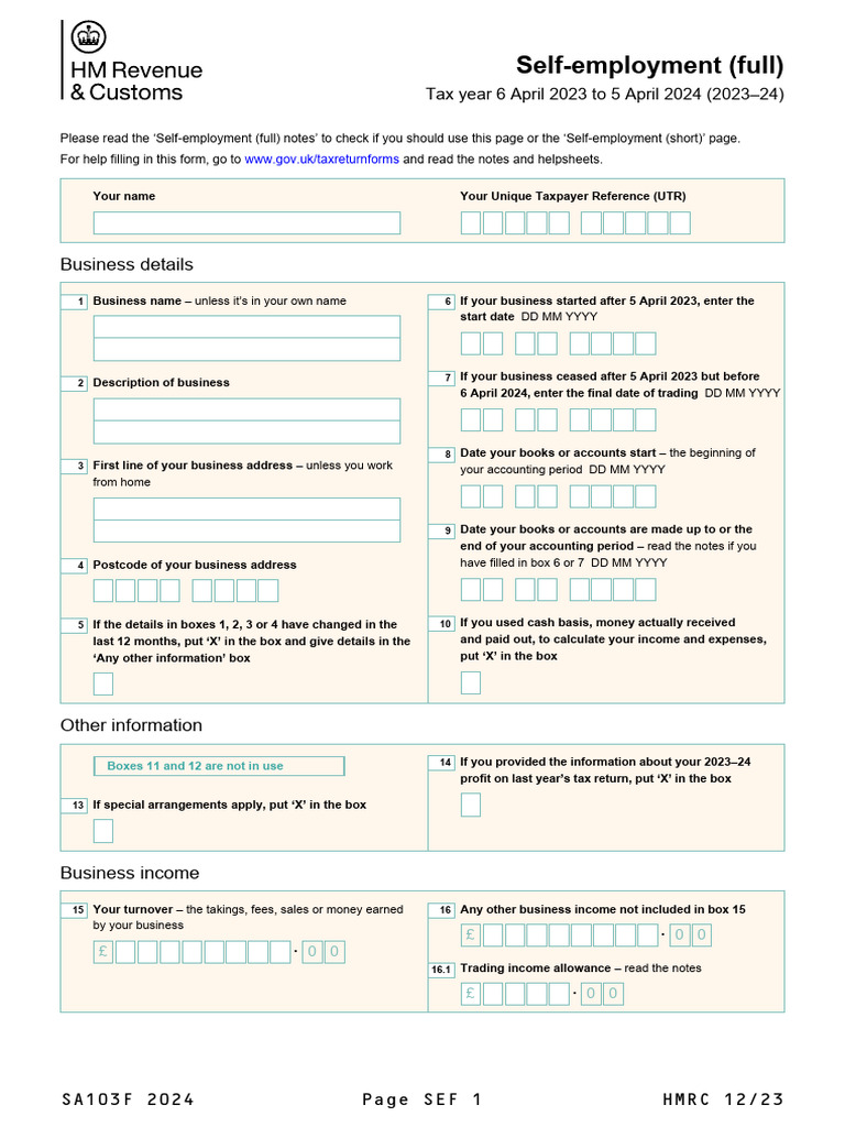 Self-Employment Tax Form SA103F 2024 | PDF | Tax Deduction | Balance Sheet