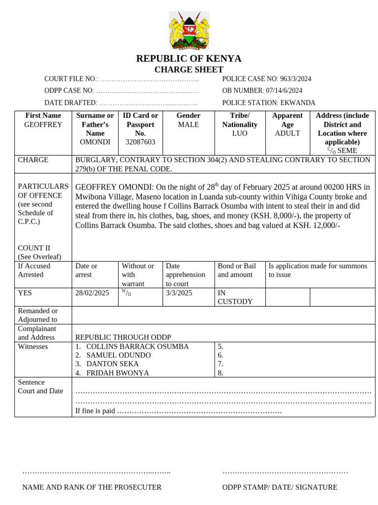 Kenya Police Charge Sheet Sample | PDF | Bail | Misconduct