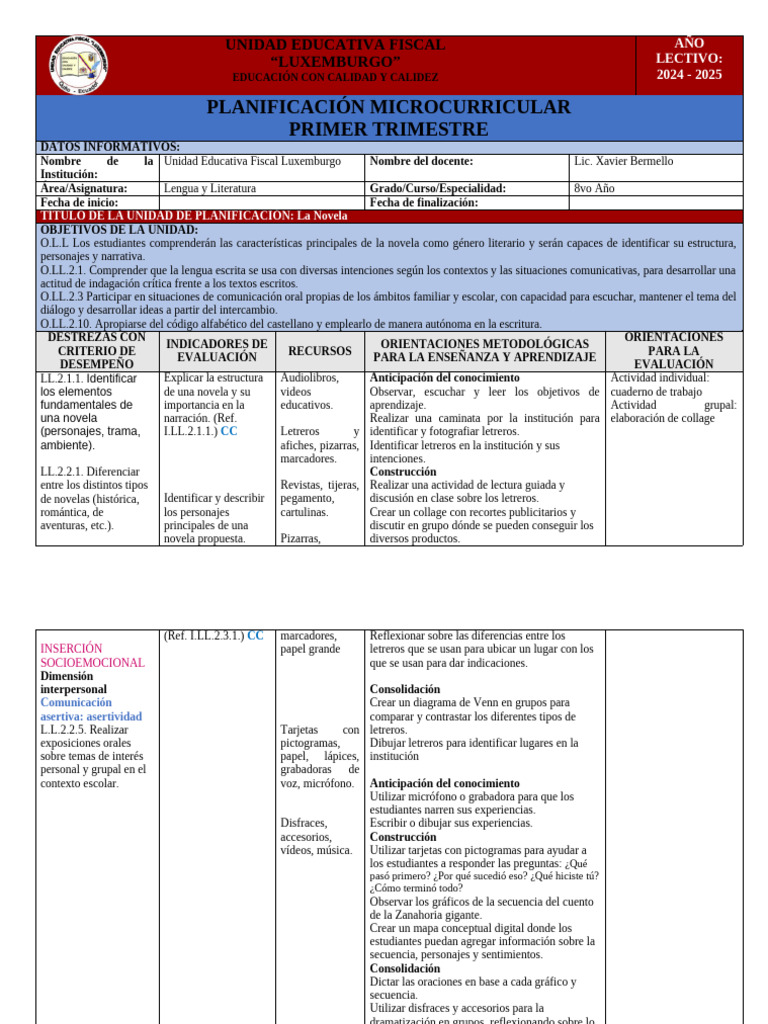 Ejemplo de Planificación Microcurricular Lengua | PDF | Evaluación | Escritura