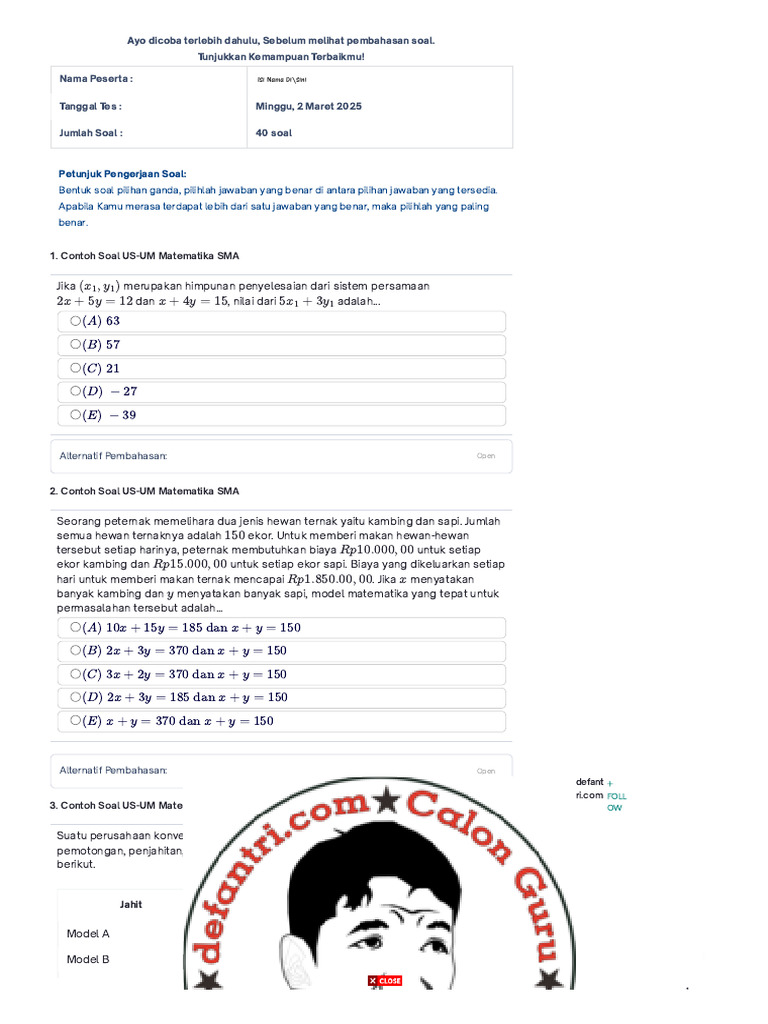Soal Latihan Ujian Sekolah (Ujian Madrasah) Matematika SMA (A) dan Pembahasan Kunci Jawaban ...