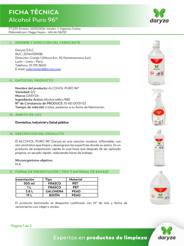 Ficha Técnica Alcohol Puro 96° Daryza (4) (1) | PDF