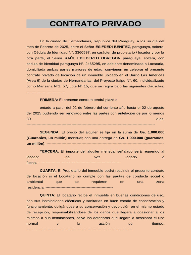 CONTRATO PRIVADO - ESIFREDI BENITEZ | PDF | Paraguay