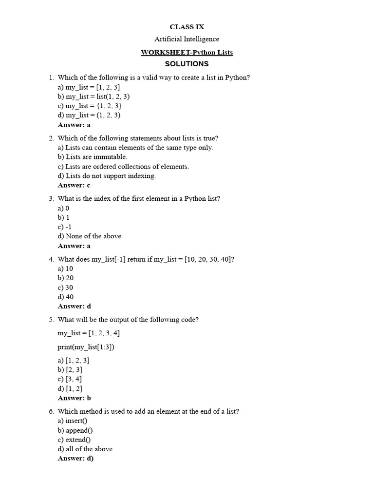 CLASS IX-List Questions Solutions Assignment-1 | PDF | Python ...