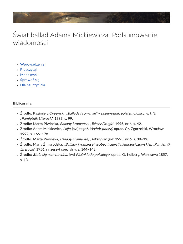 Swiat Ballad Adama Mickiewicza Podsumowanie Wiadomosci | PDF
