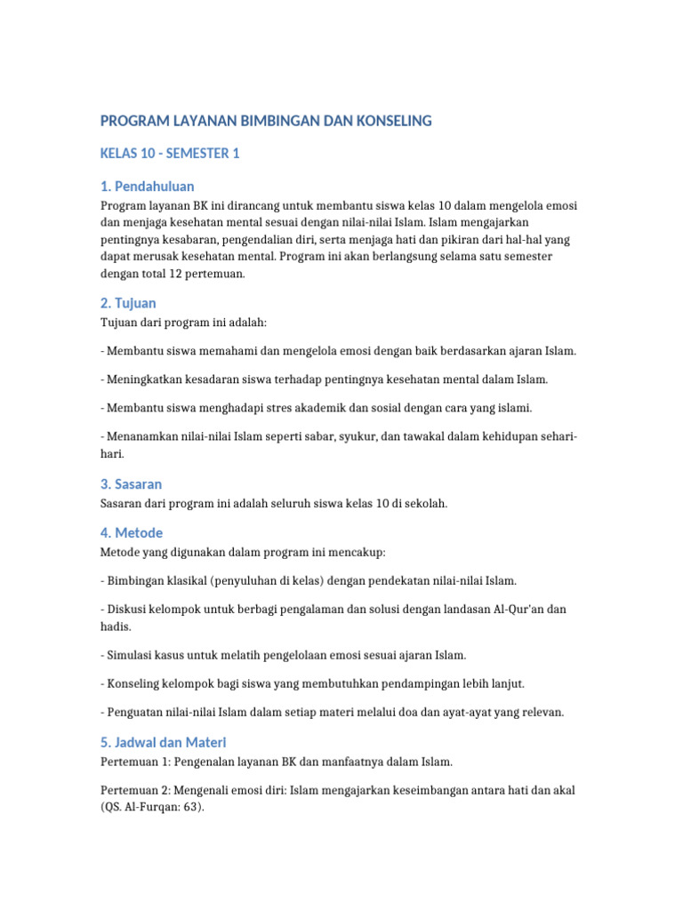 Program Layanan BK Kelas 10 Islami | PDF