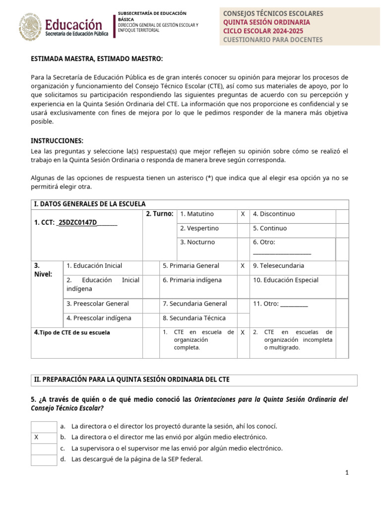 Cuestionario Docentes Quinta SesiÃ N 2024-2025 210225 | PDF | Educación ...