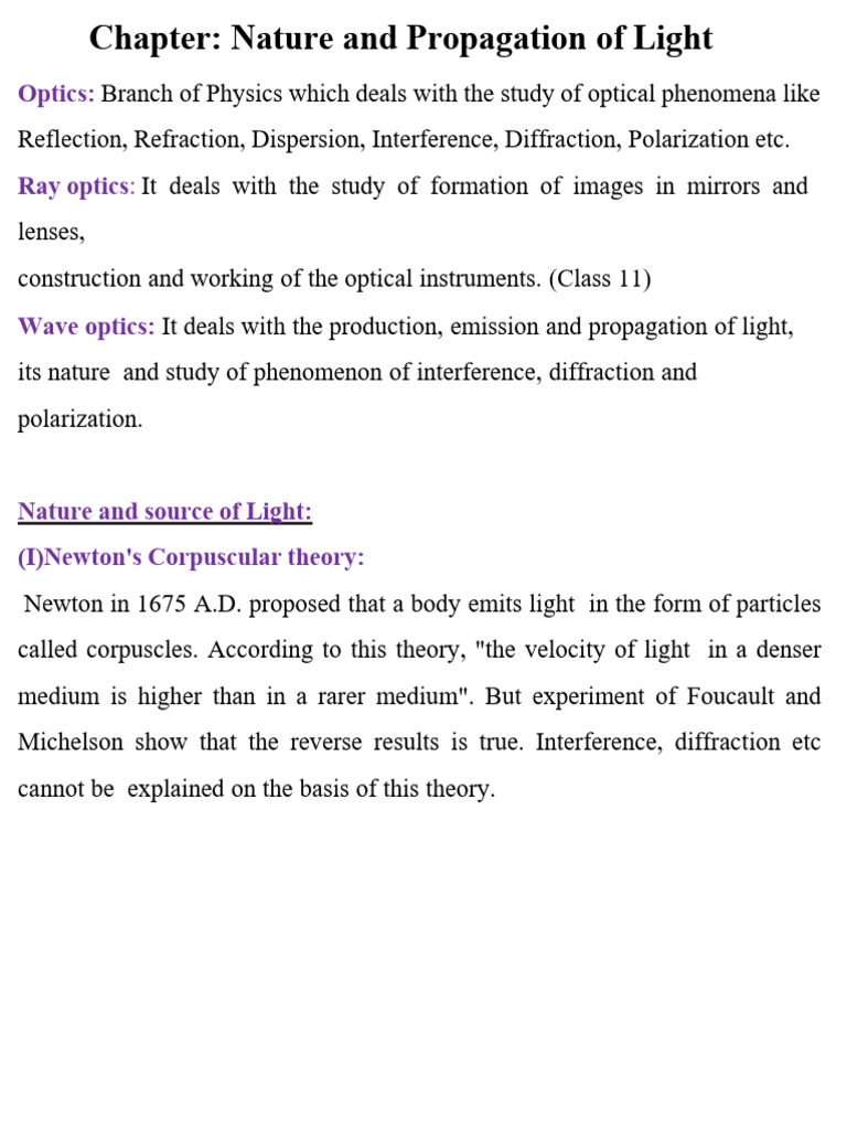 Class 12 Optics Nature and Propagation of Light | PDF | Light | Optics