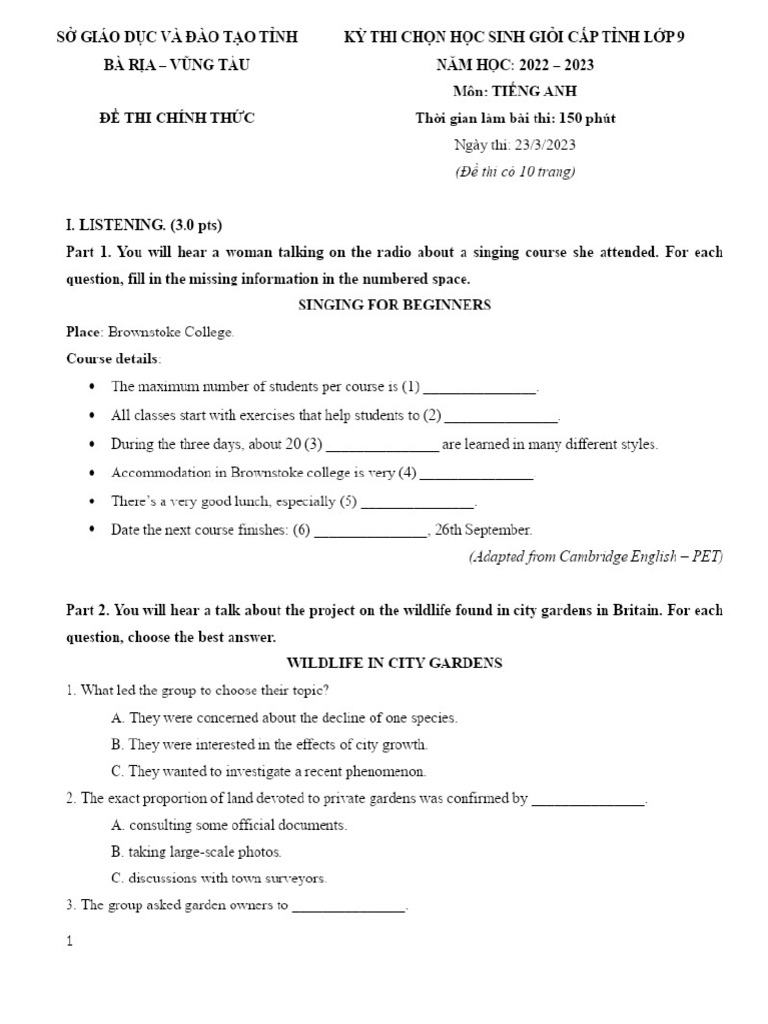 De Thi HSG Anh 9 Ba Ria Vung Tau 20222023docx - 1600 - PDF - Gdrive.vip | PDF