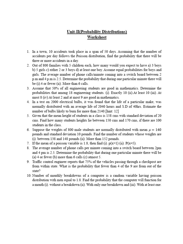 Unit II Worksheet | PDF | Poisson Distribution | Teaching Mathematics