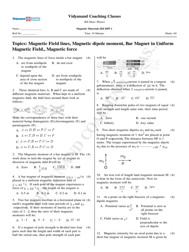 Magnetic Materials JEE Practice Questions | PDF | Magnetism | Magnet