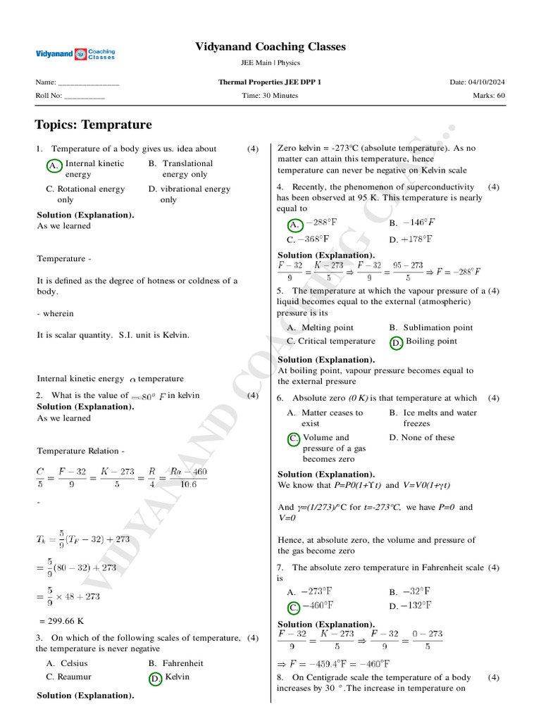 Thermal Properties JEE DPP 1 Solution Sheet | PDF | Fahrenheit | Temperature
