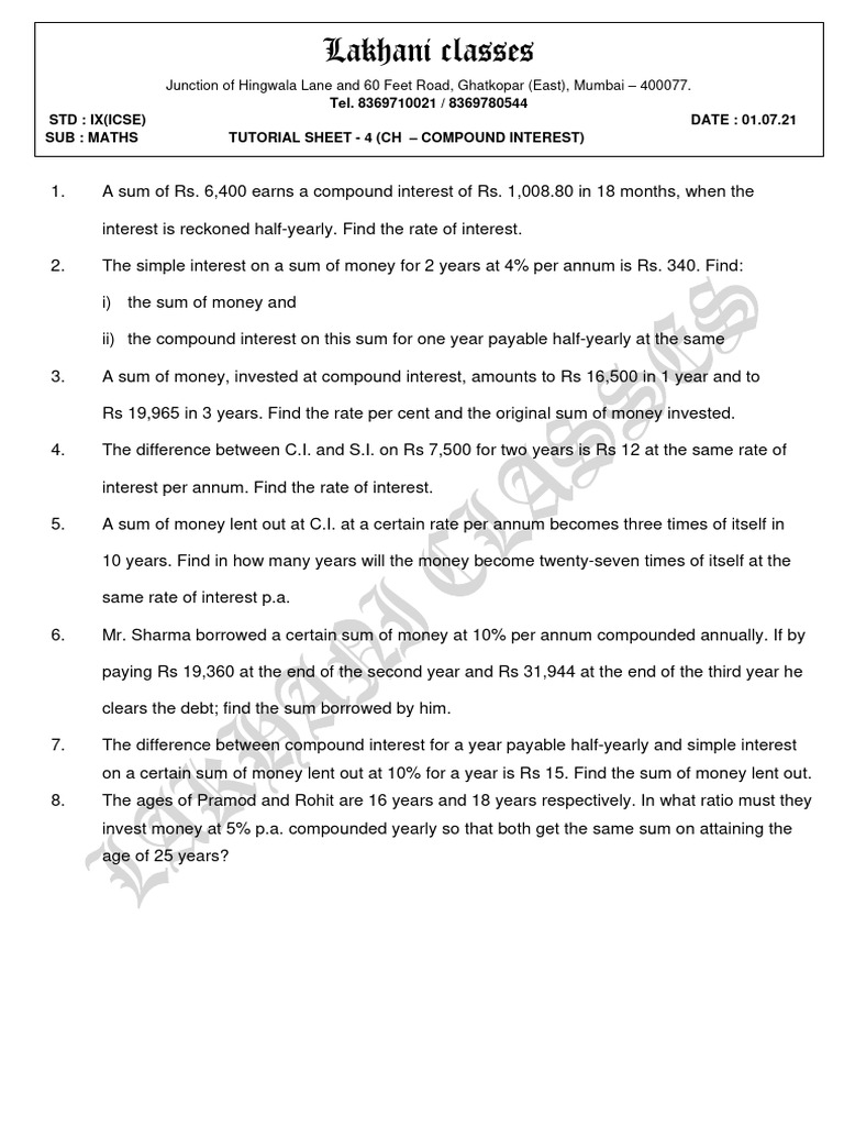01.07.21 IX(ICSE) MATHS TUTORIAL SHEET DAY - 4 (CH - COMPOUND INTEREST ...