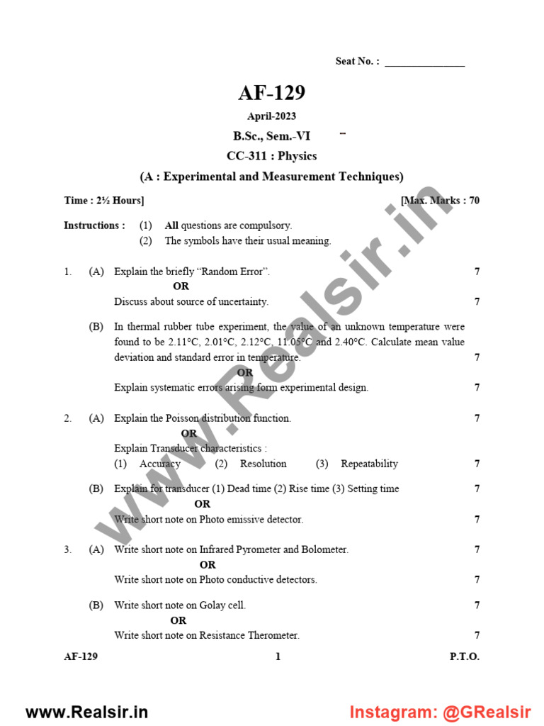 BSC Sem 6 SE-311 Physics (A Experimental Measurment T. B ...