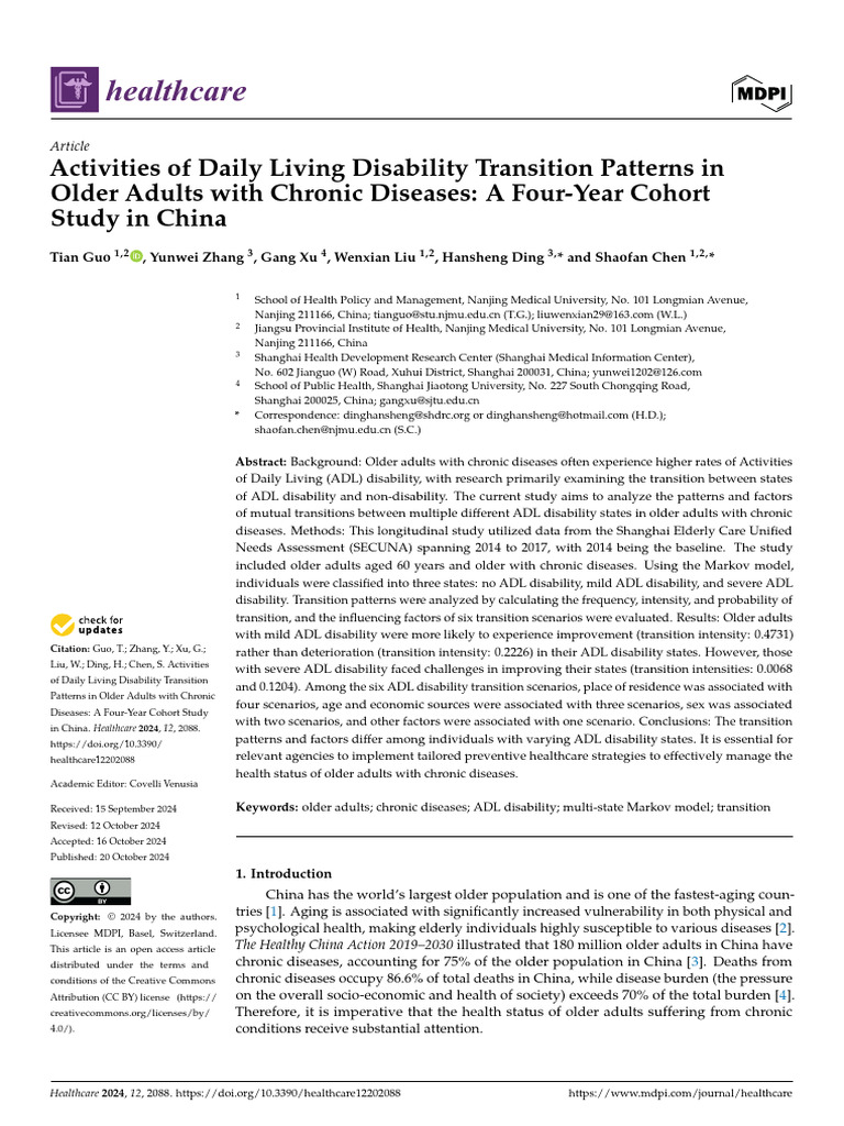 Activities of Daily Living Disability Transition Patterns in | PDF ...
