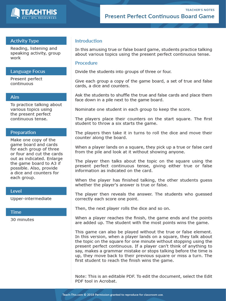 Present Perfect Continuous Board Game - Unlocked | PDF | English As A ...