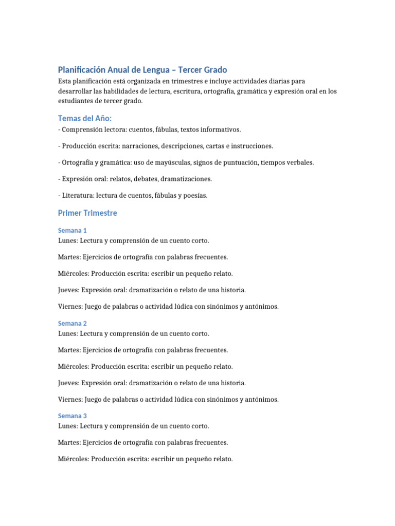 Planificación Lengua Tercer Grado | PDF | Cuentos | Ortografía