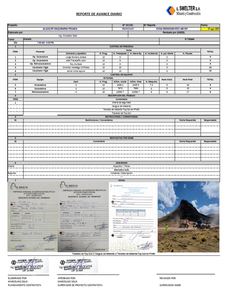 Reporte Diario de Avance de Maquinaria | PDF | Equipos de construcción ...