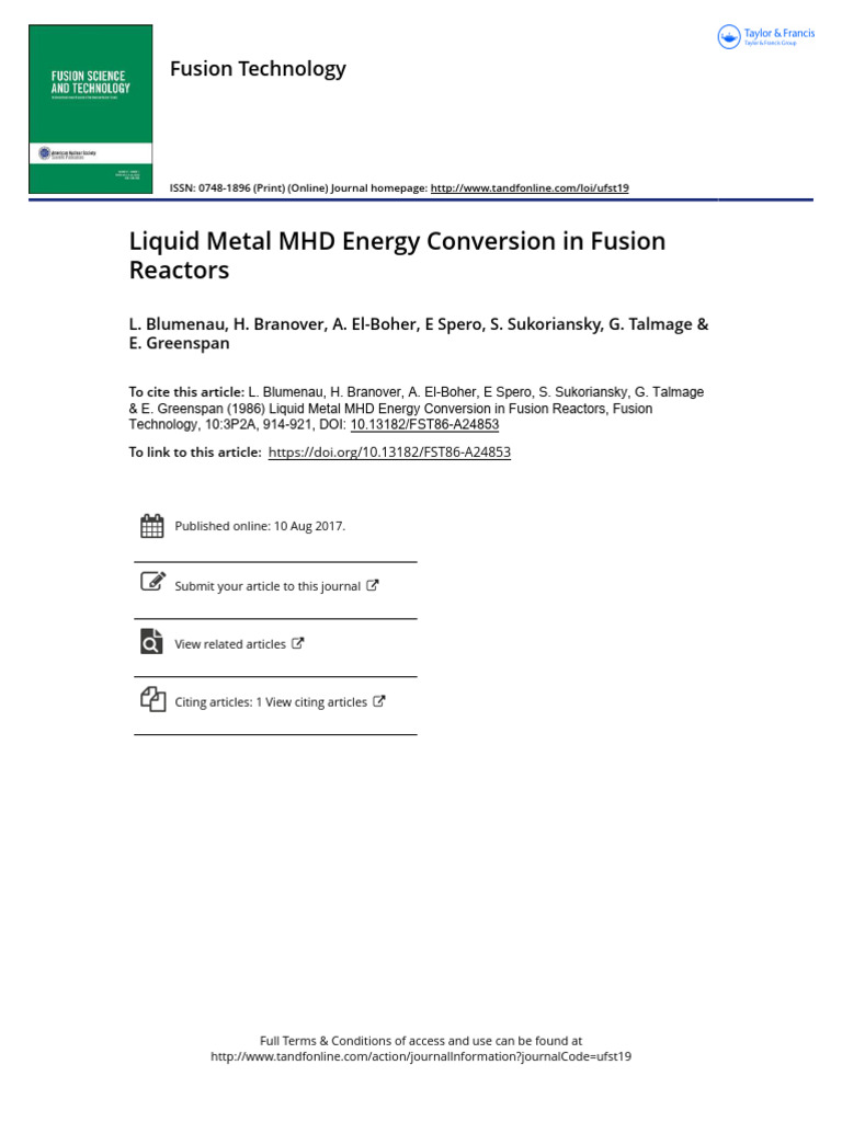 Liquid Metal MHD Energy Conversion in Fu | PDF | Fusion Power | Steam