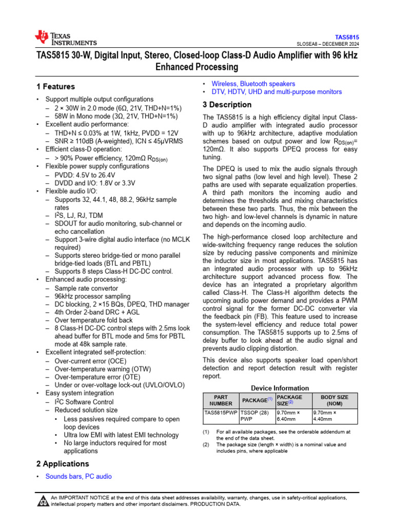 Tas 5815 | PDF | Amplifier | Electrostatic Discharge