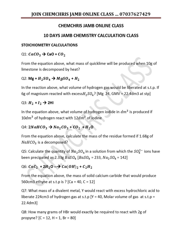 Stoichiometry Calculations for JAMB | PDF