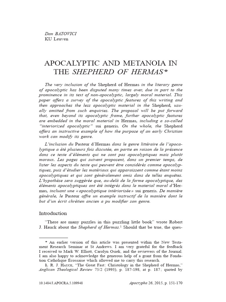 Apocalyptic and Metanoia in The Shepherd | PDF | Apocalypse | Religious ...