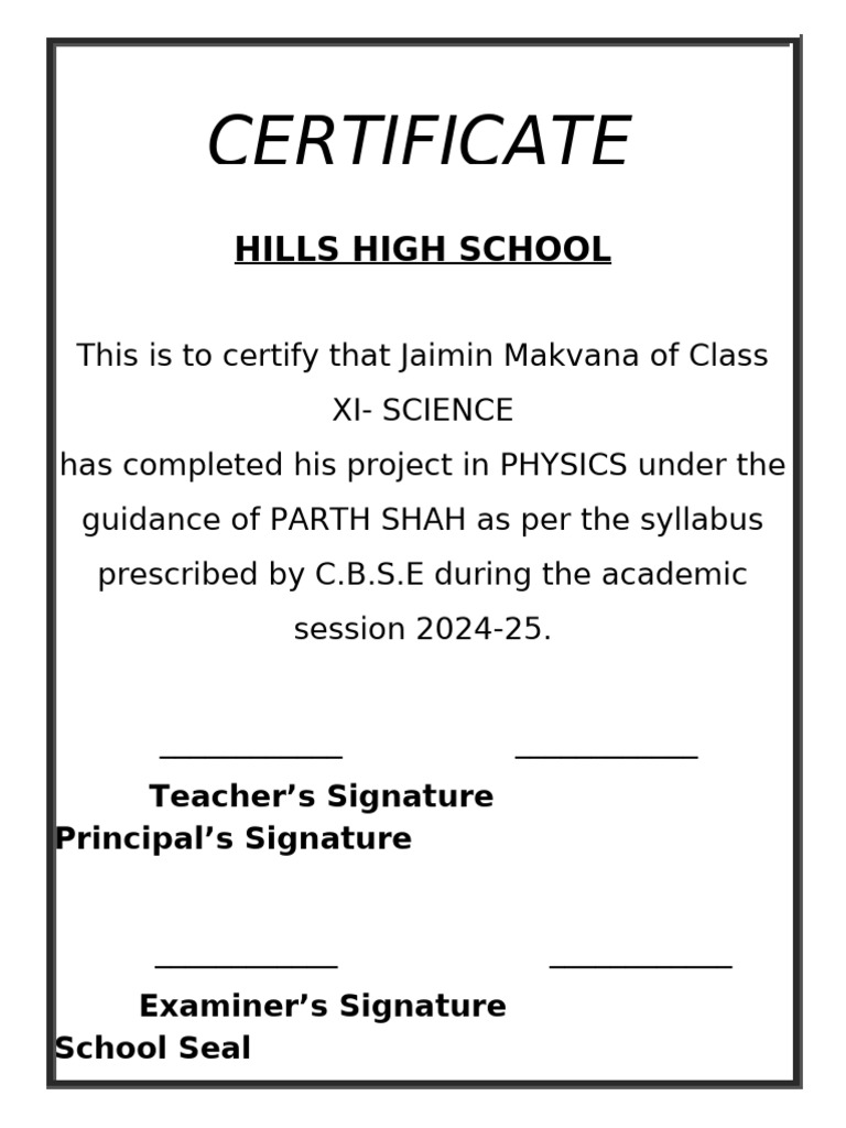 Project Certificate STD 12 | PDF