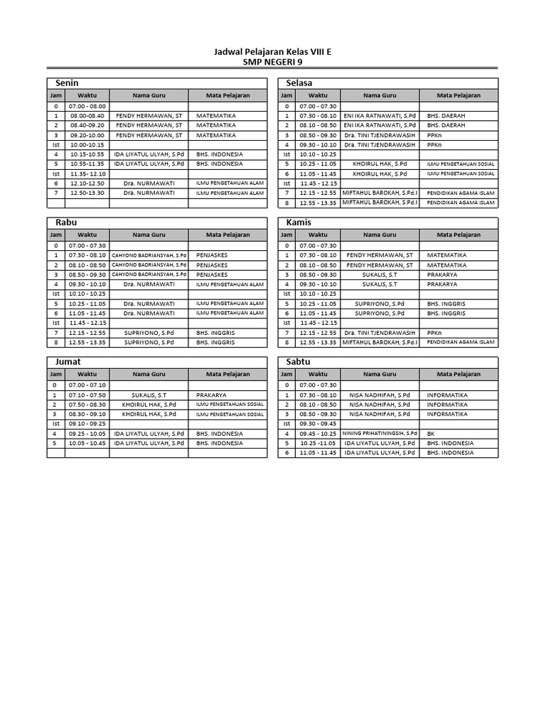 Jadwal Kelas VIII E | PDF
