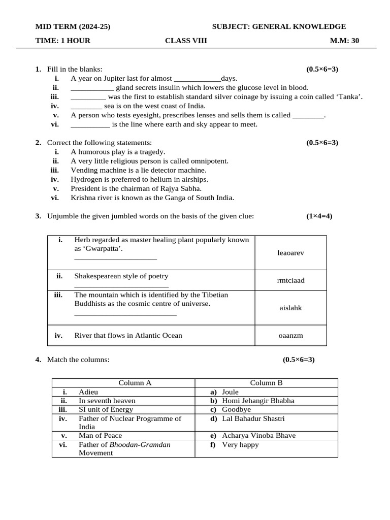Class 8 General Knowledge Questions | PDF | Space Capsule